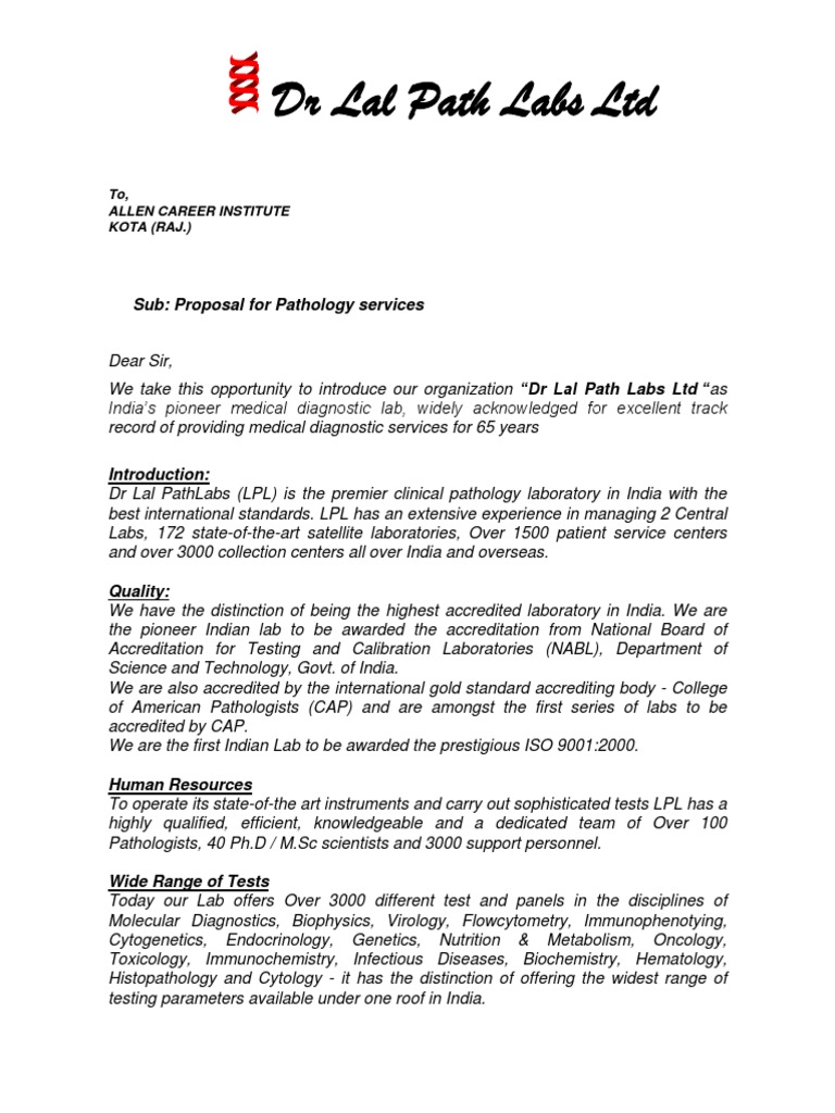 DR Lal Path Labs LTD: Sub: Proposal For Pathology Services | PDF ...