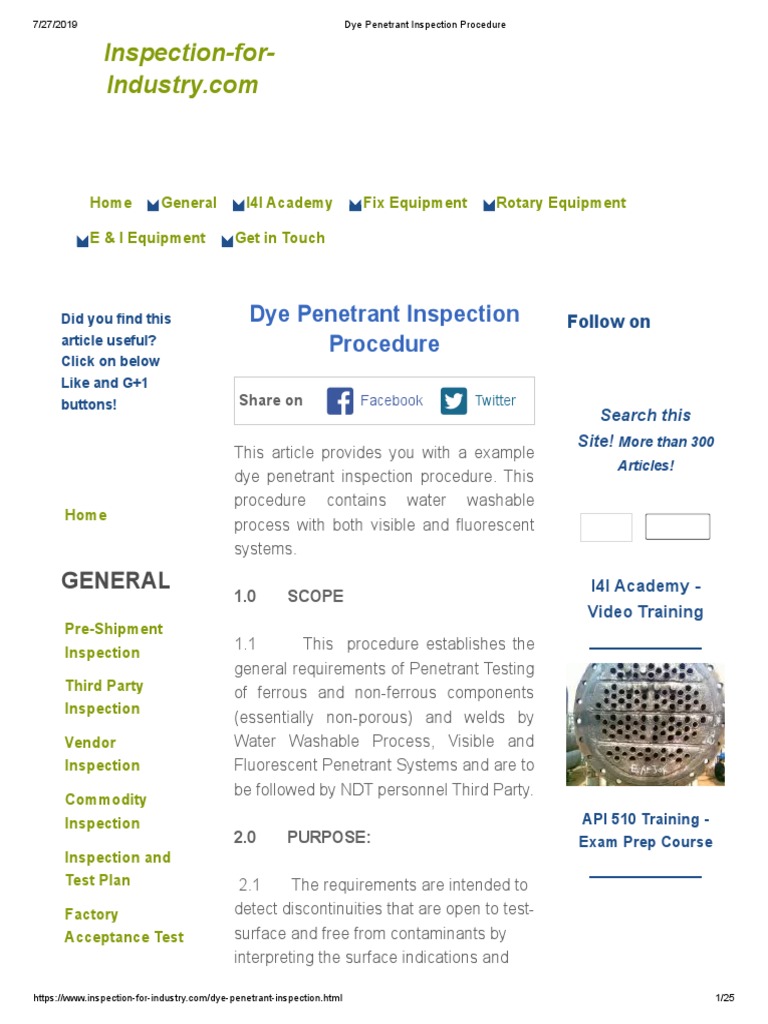 Dye Penetrant Inspection Procedure | PDF | Ultraviolet | Nondestructive ...
