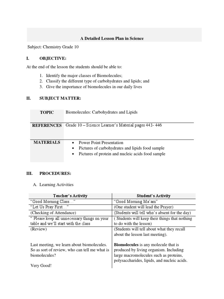 Lesson Plan Grade 8 - Biomulecules | PDF | Biomolecules | Carbohydrates