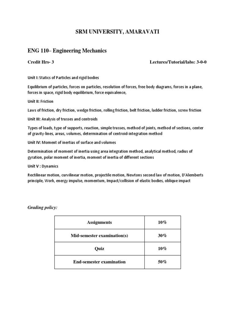 SRM UNIVERSITY ENG 110 MECHANICS SYLLABUS | PDF