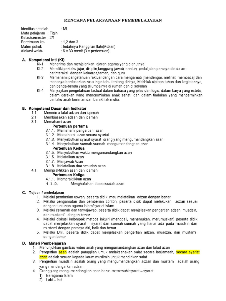 RPP Fiqih Kelas 2: Materi Adzan | PDF