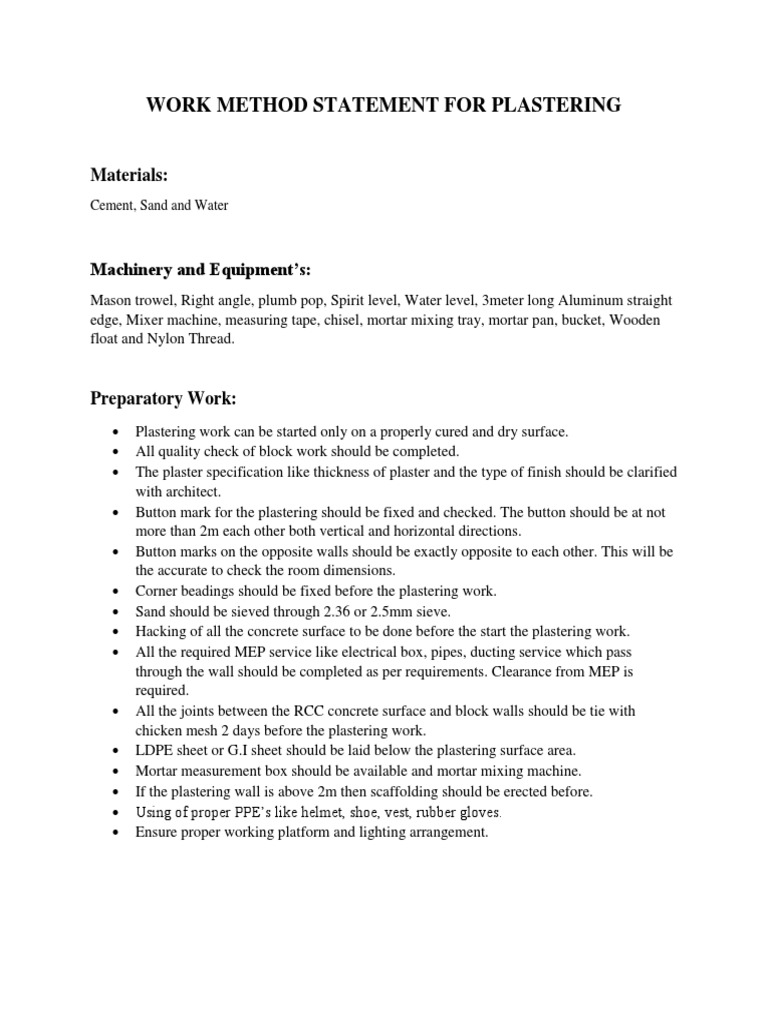 Work Method Statement For Plastering | PDF | Mortar (Masonry) | Concrete