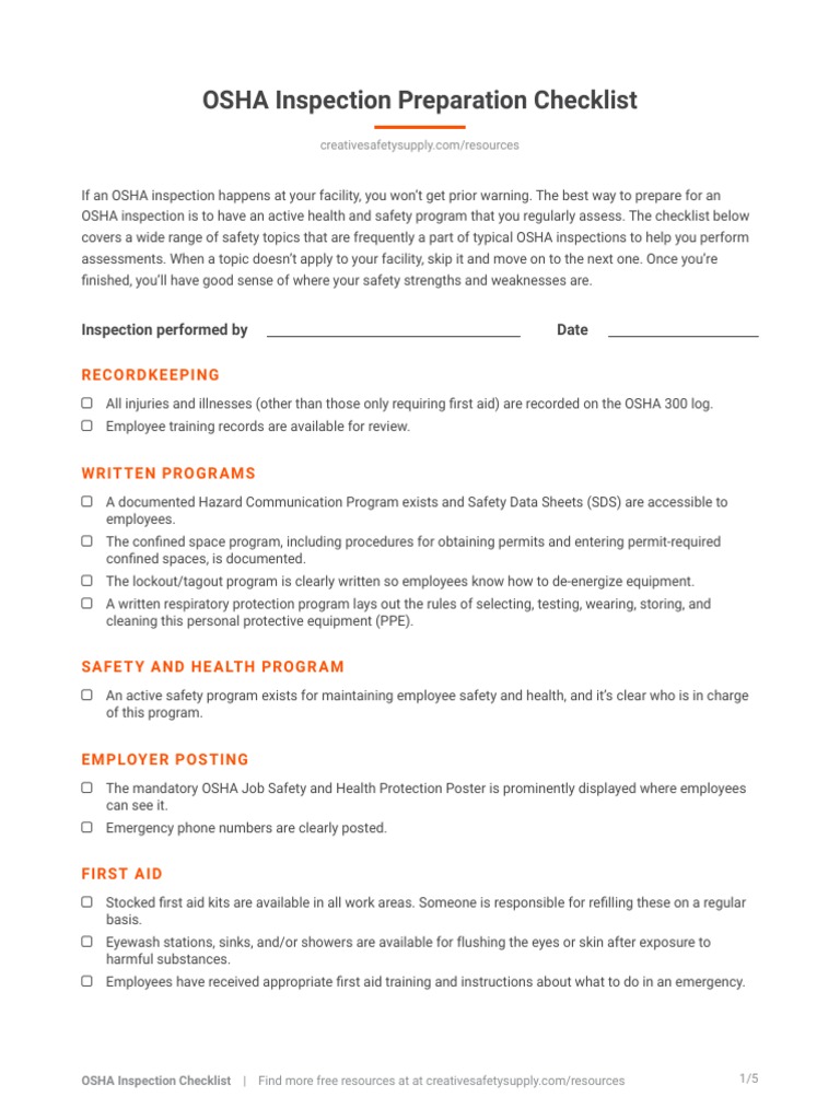 OSHA Inspection Preparation Checklist | PDF | Occupational Safety And ...
