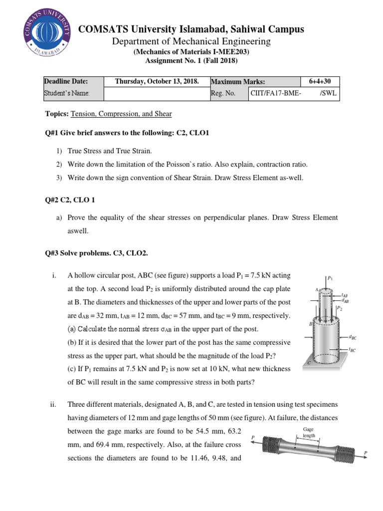 A1 Mechanics of Materials I FA18 | PDF | Stress (Mechanics) | Strength ...