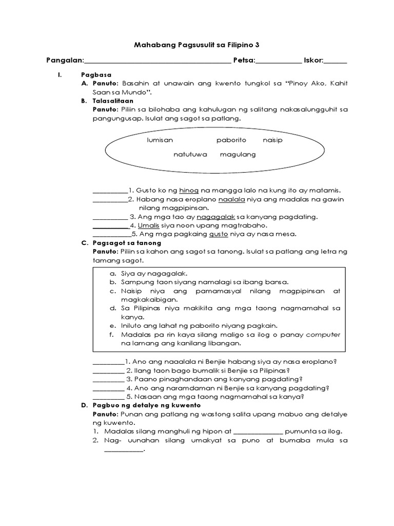 Mahabang Pagsusulit Sa Filipino 3 | PDF