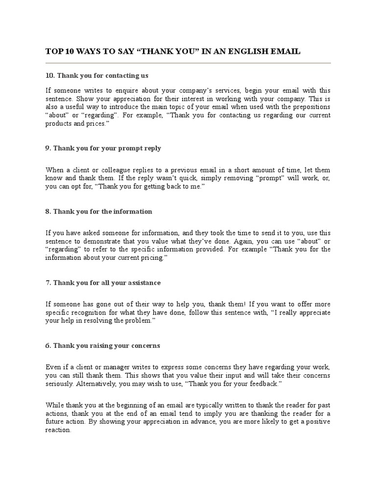 Top 10 Ways To Say "Thank You" in An English Email | PDF | Information ...
