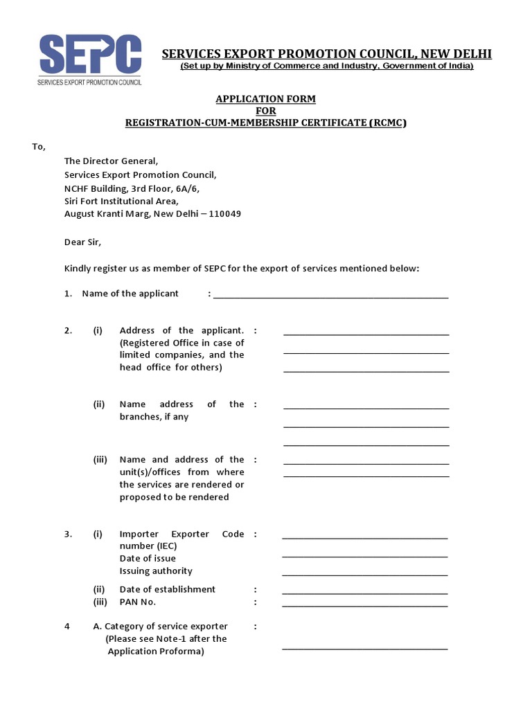 Services Export Promotion Council, New Delhi: Application Form FOR Registration-Cum-Membership ...