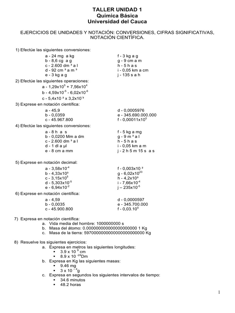 Ejercicios de Química: Unidades y Notación | PDF | Notación Matemática ...