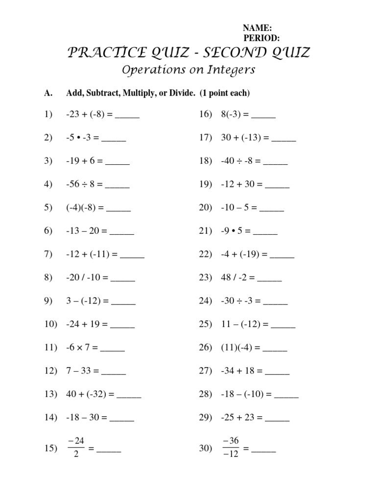 Integer Operations Practice Quiz | PDF | Arithmetic | Teaching Mathematics