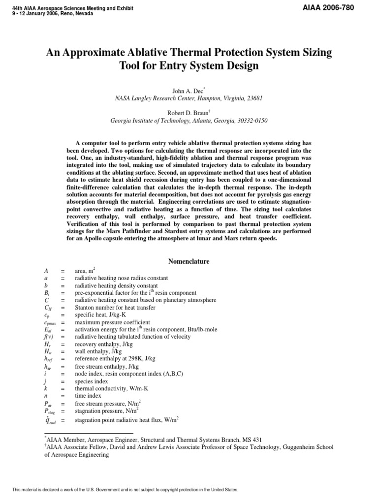 An Approximate Ablative Thermal Protection System Sizing Tool For Entry ...
