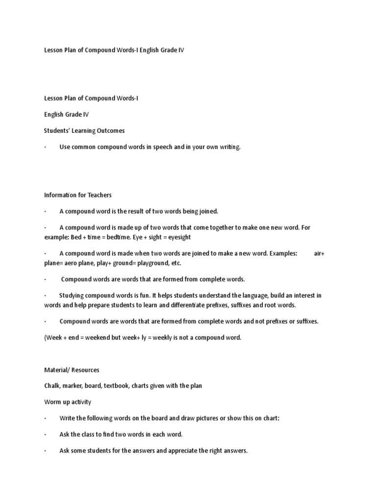 Grade 4 Compound Words Lesson Plan | PDF | Lesson Plan | Linguistics