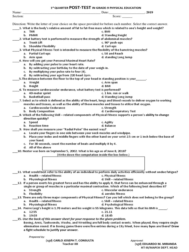 1st Quarter PE Pre Test | Download Free PDF | Physical Fitness | Heart