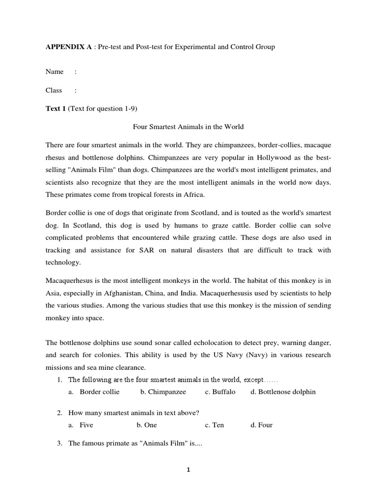 APPENDIX A: Pre-Test and Post-Test For Experimental and Control Group ...