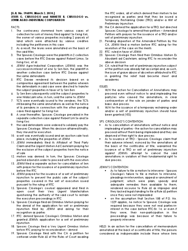 Sps. Crisologo v. Jewm Agro-Industrial | PDF | Injunction | Certiorari