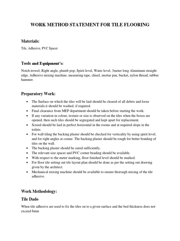 Work Method Statement ForTile Flooring | PDF | Tile | Flooring
