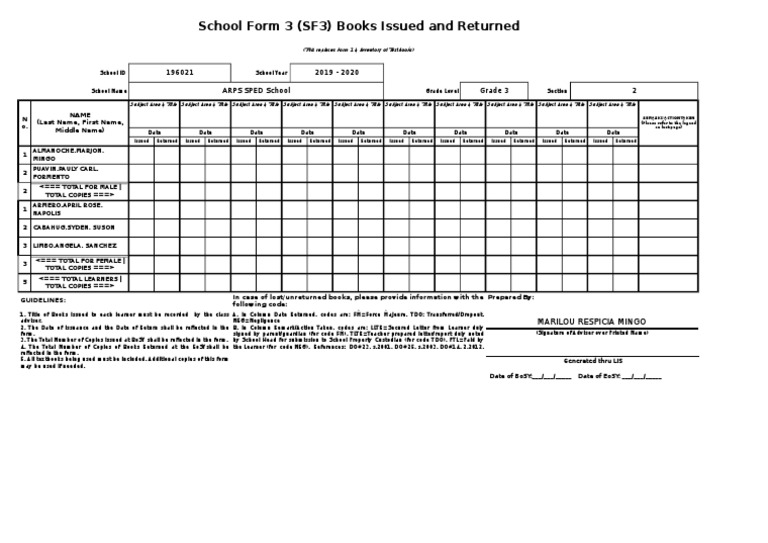 Tracking textbook distribution and returns for Grade 3, Section 2 at ...