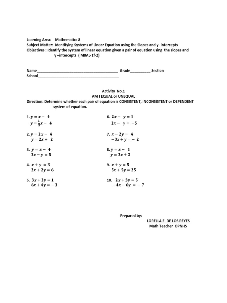 Worksheet Mathematics G8 | PDF | Slope | Equations