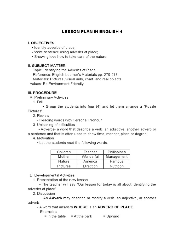 Lesson Plan in English 4: I. Objectives | PDF | Adverb | Lesson Plan