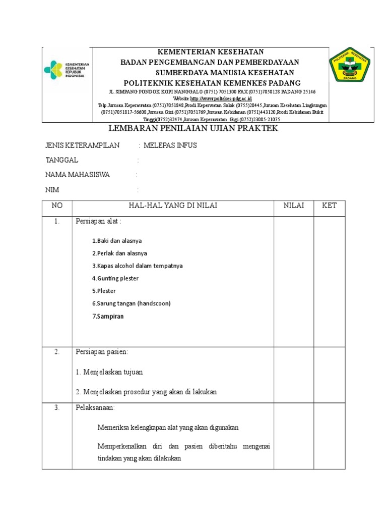 Format Penilaian Melepas Infus | PDF