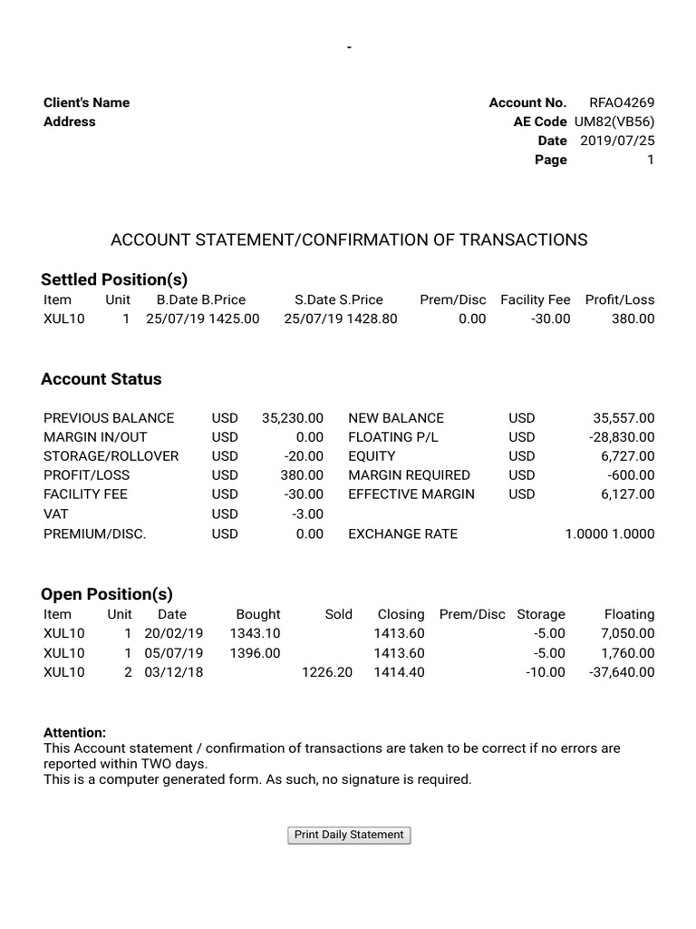 Account Statement/Confirmation of Transactions: Settled Position(s) | PDF