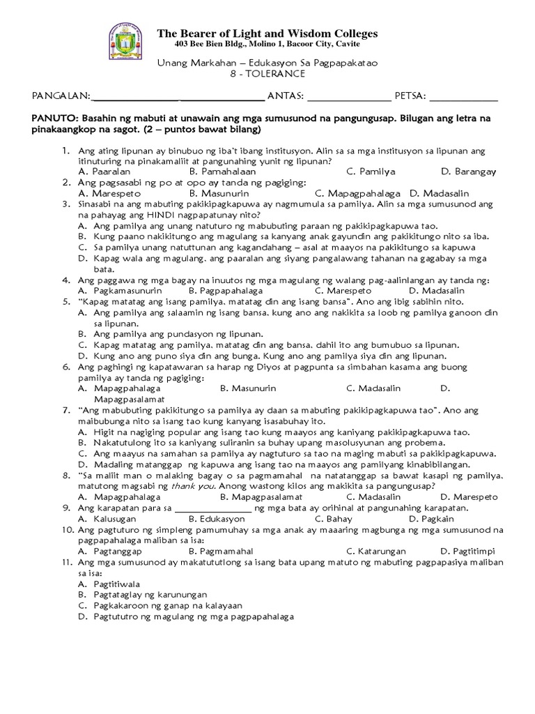Grade 8 ESP 1st QTR With TOS | PDF