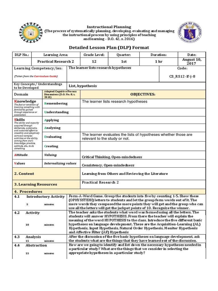Detailed Lesson Plan (DLP) Format: Instructional Planning | PDF ...