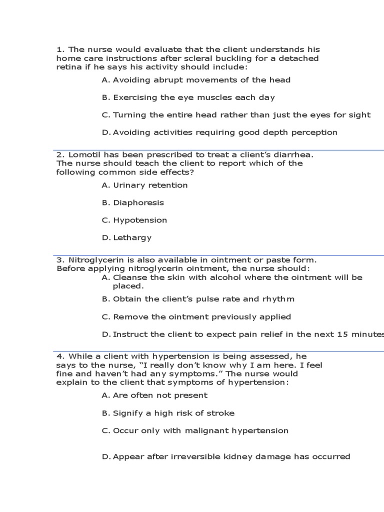 Practice Exam For Nursing NLE BLEN | PDF | Nausea | Hypertension