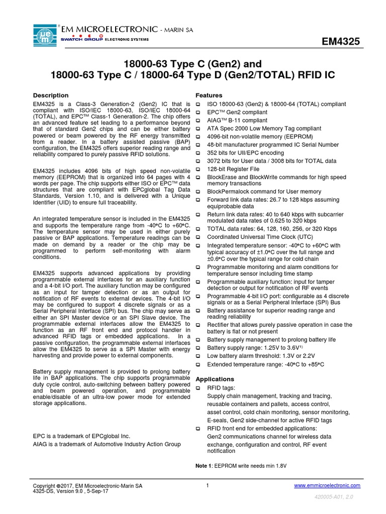 EM4325 | PDF | Radio Frequency Identification | Input/Output