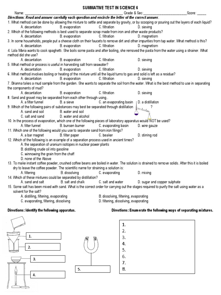 Summative Test in Science 6 q1.5 | PDF | Filtration | Distillation