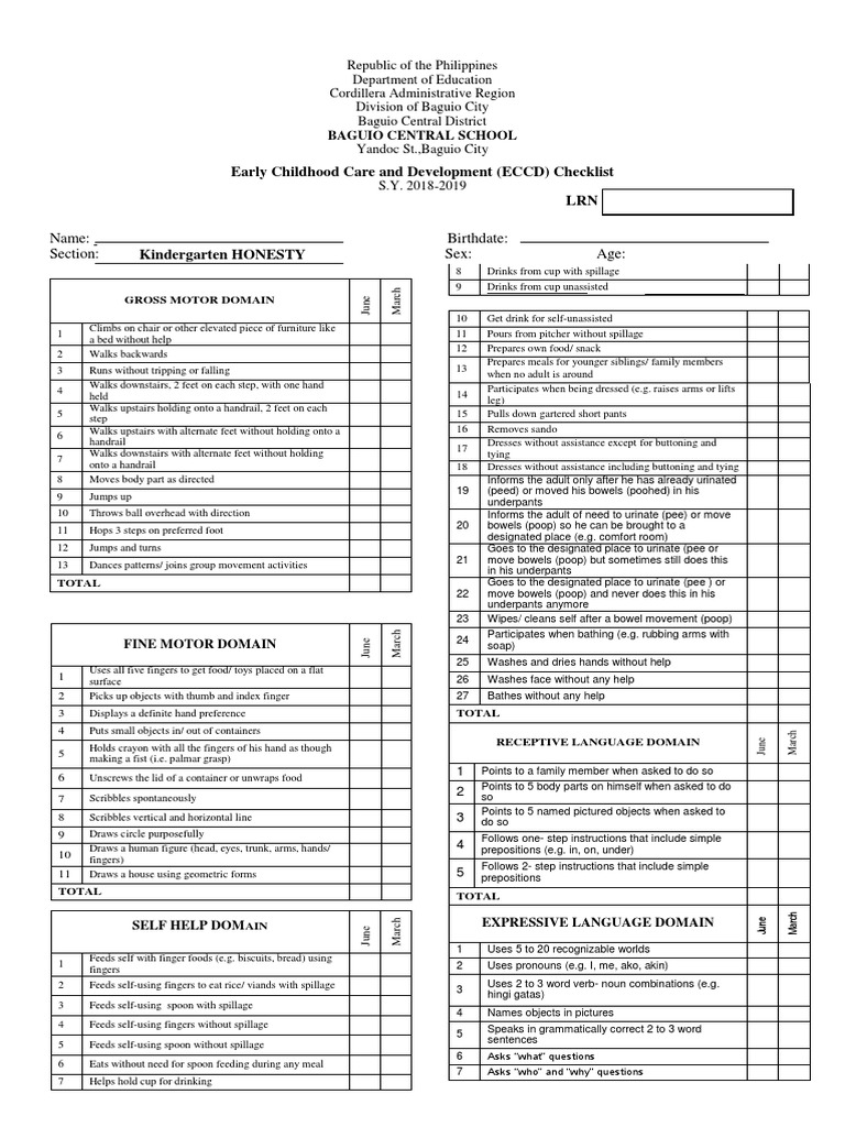 Early Childhood and Development Checklist 2017 - 2018 | PDF | Hand ...