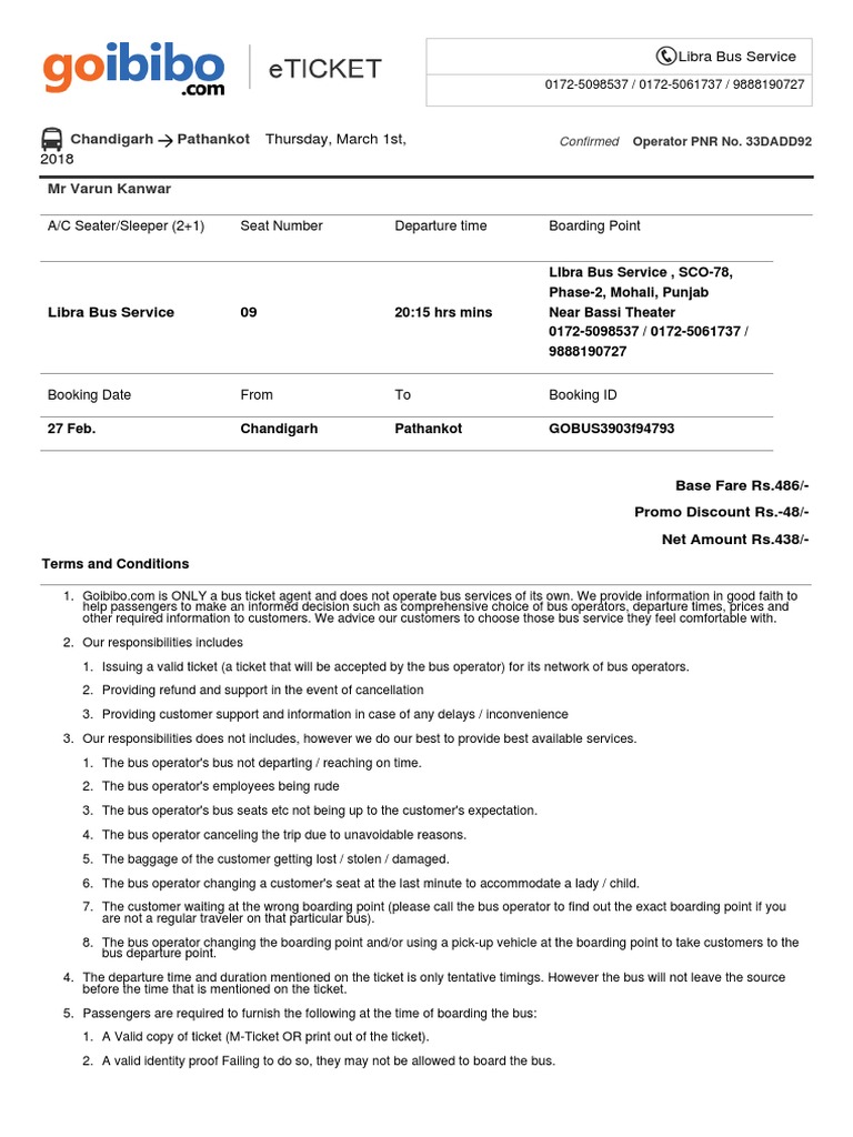 Chandigarh Pathankot: Libra Bus Service 09 | PDF | Ticket (Admission ...