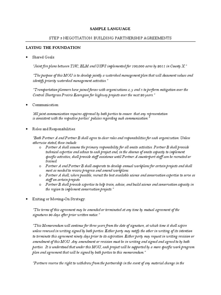 Step 3 Negotiation: Building Partnership Agreements: Sample Language ...