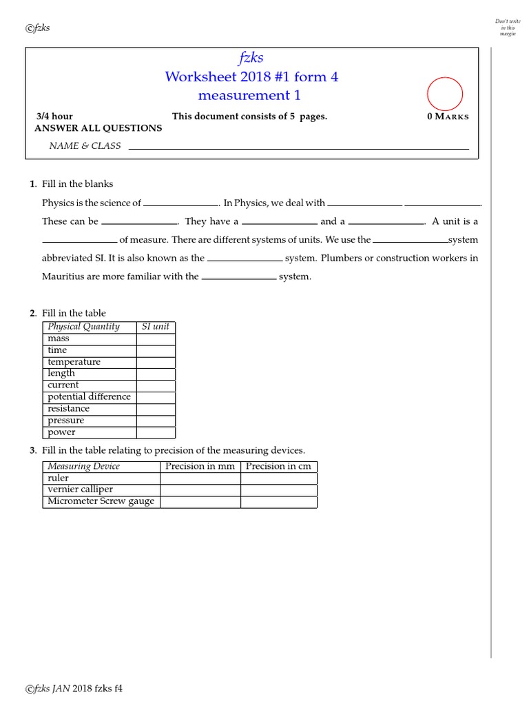 Physics f4 2018 Worksheet 1 Measurement 1 | PDF | Measurement | Physical Quantities
