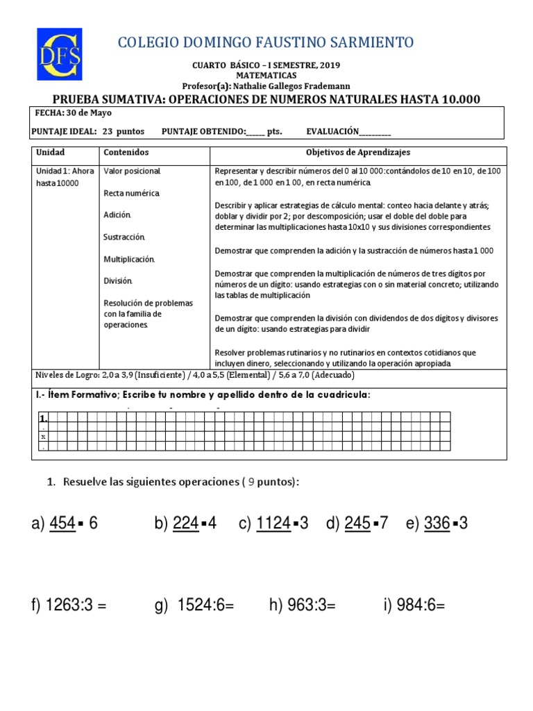 Prueba de Operaciones Multiplicación y División | PDF | Sustracción ...