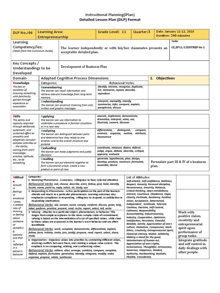 Instructional Planning (Iplan) : Detailed Lesson Plan (DLP) Format | PDF | Value (Ethics ...