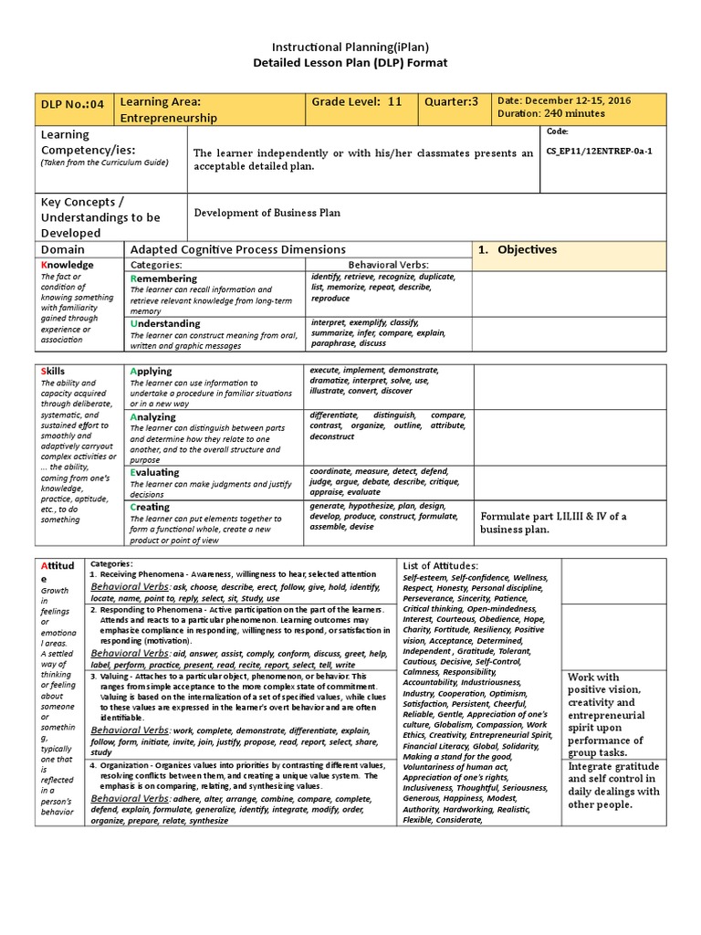 Instructional Planning (Iplan) : Detailed Lesson Plan (DLP) Format ...