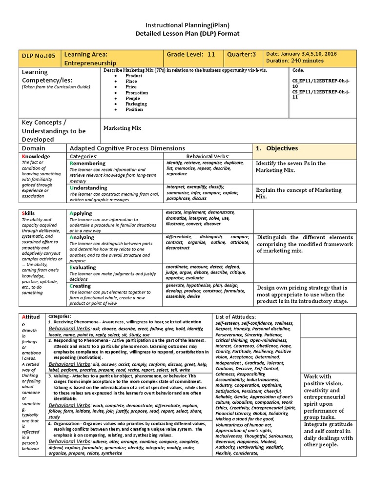 Instructional Planning (Iplan) : Detailed Lesson Plan (DLP) Format ...