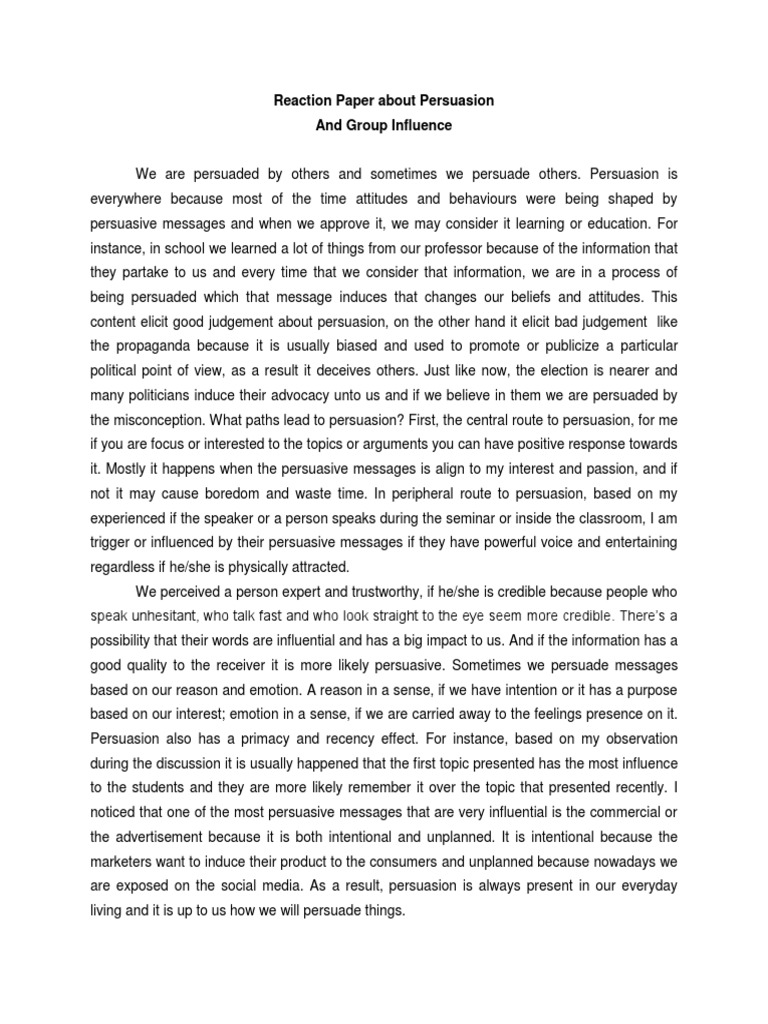 Reaction Paper On Social Psychology | PDF | Persuasion | Social Psychology