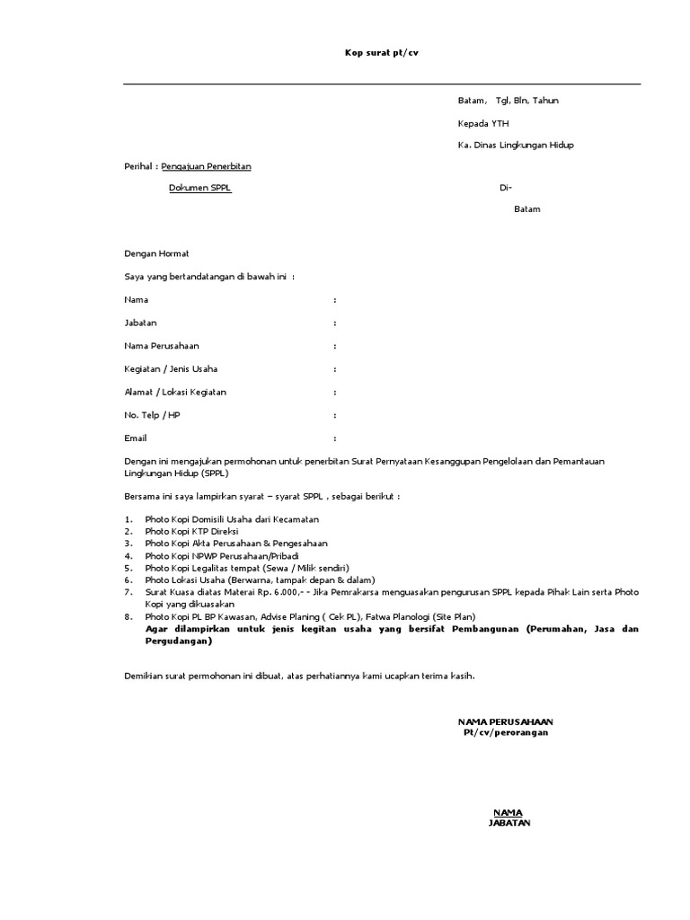 01 Surat Permohonan SPPL | PDF