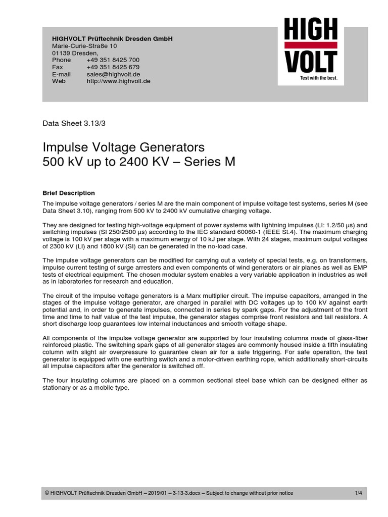 Impulse Voltage Generators 500 KV Up To 2400 KV - Series M: Data Sheet ...