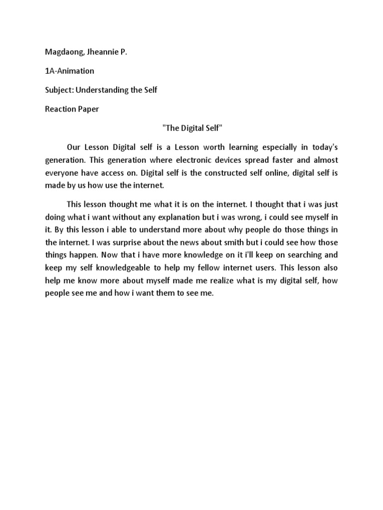 Reaction Paper Digital Self1 | PDF | Social Science | Wellness