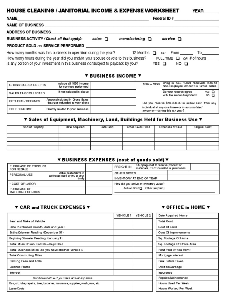 House Cleaning / Janitorial Income & Expense Worksheet: Full Time YES ...