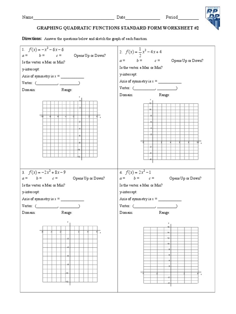 FX X X FX X X: Graphing Quadratic Functions Standard Form Worksheet #2 ...