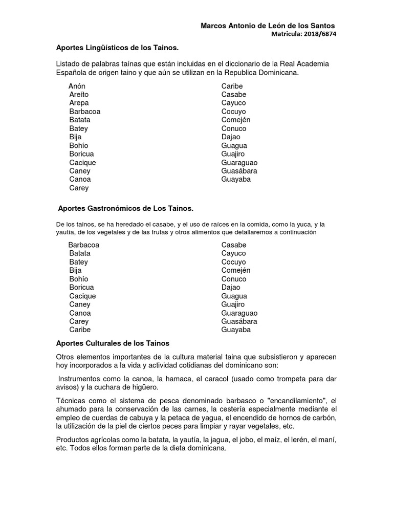 Aportes de Los Tainos | PDF | Cocinando | Cocina