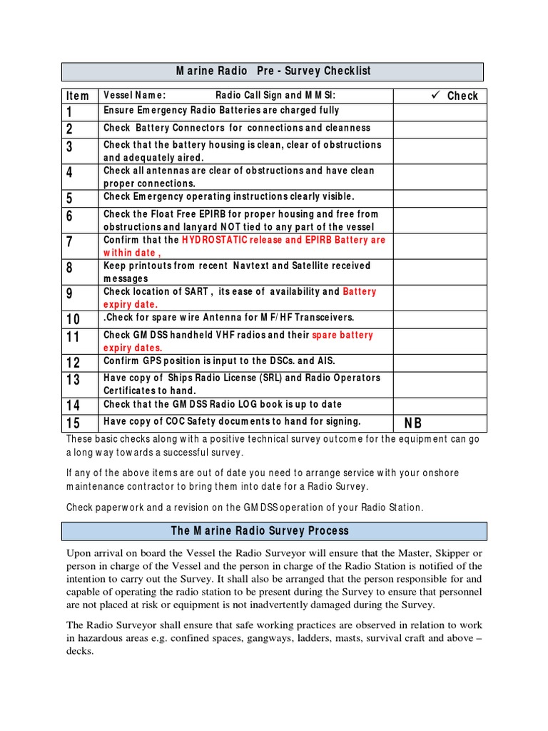 Marine Radio Pre-Survey Checklist | PDF | Telecommunications ...