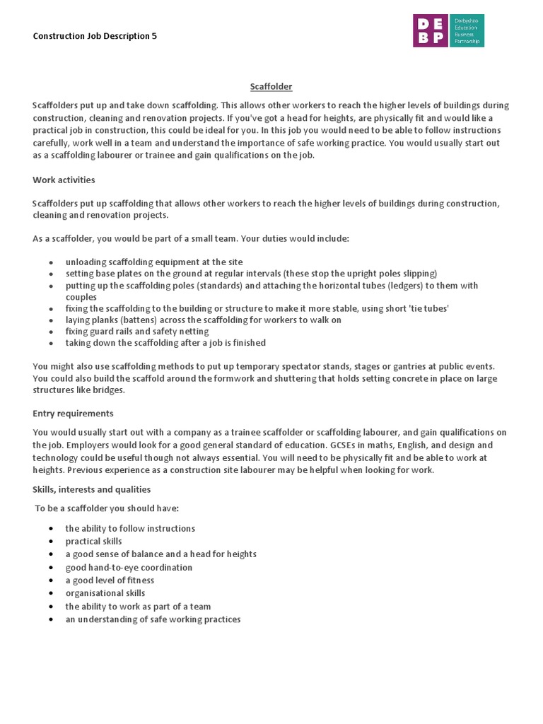 Scaffolder: Construction Job Description 5 | PDF | Scaffolding | Business
