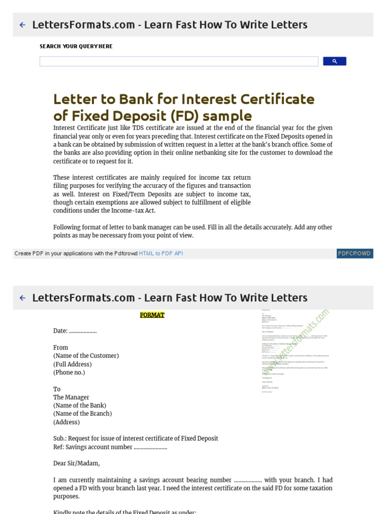 Letter To Bank For Interest Certi Cate of Fixed Deposit (FD) Sample ...