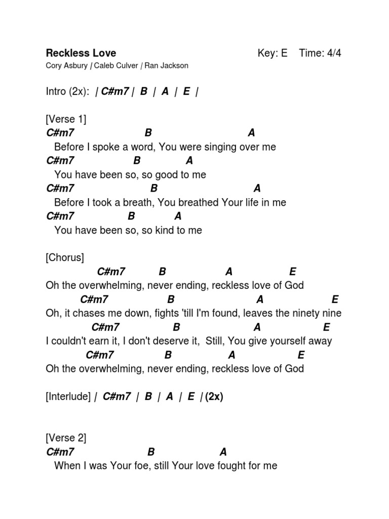 Reckless Love Chords and Lyrics | PDF | Song Structure | Pop Songs