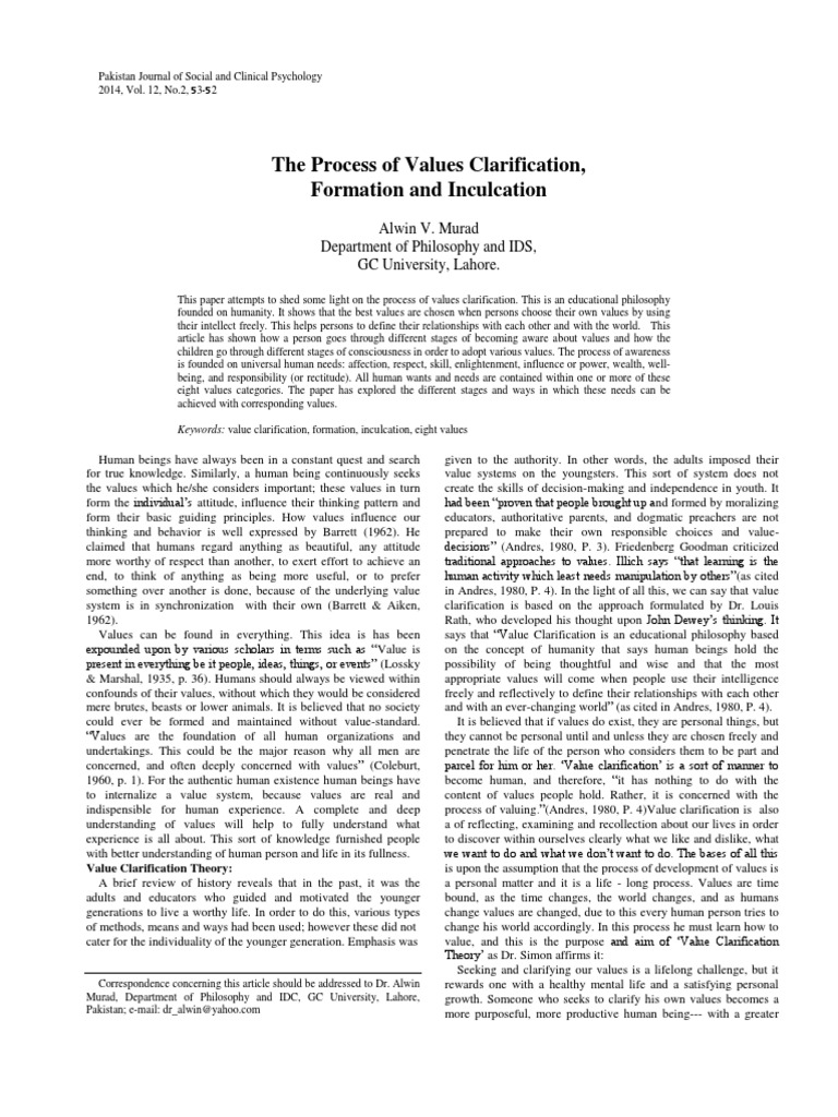 The Process of Values Clarification, Formation and Inculcation | PDF ...