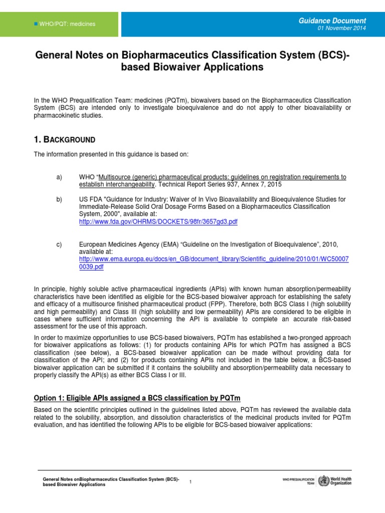 BCS-Based Biowaiver Guidance Document | PDF | Bioavailability ...